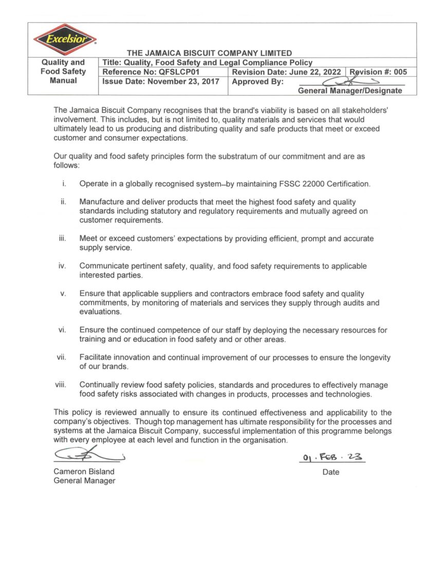 Excelsior Food Safety Policy – Excelsior Crackers
